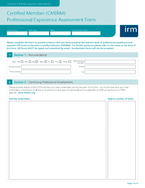 Fillable Online theirm Member CMIRM Professional Experience Assessment ...
