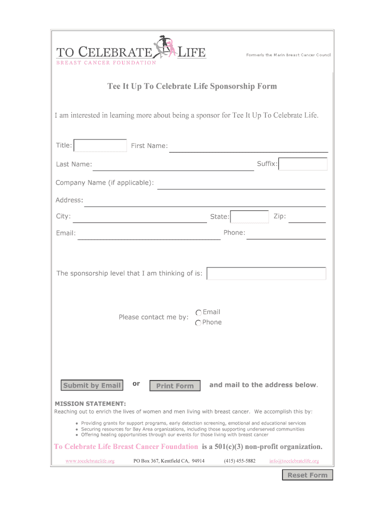 Fillable Online tocelebratelife Tee It Up To Celebrate Life Sponsorship ...