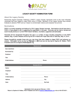 Fillable Online LEGACY SOCIETY NOMINATION FORM About the Legacy Society ...