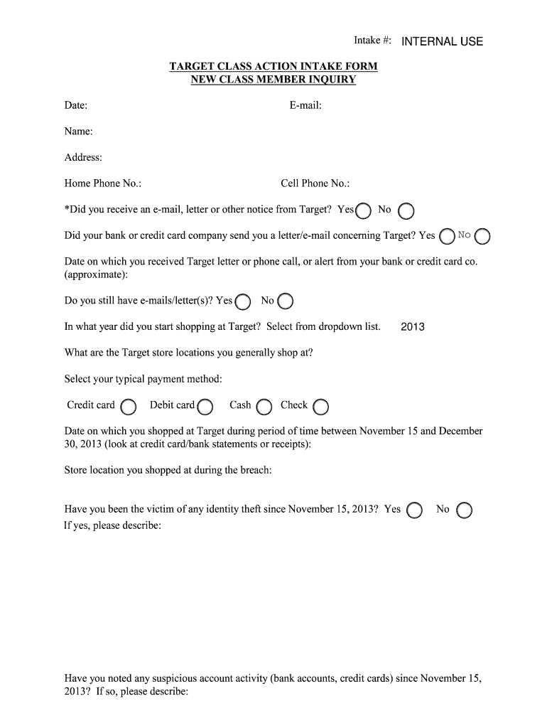 Fillable Online TARGET CLASS ACTION INTAKE FORM NEW CLASS MEMBER ...