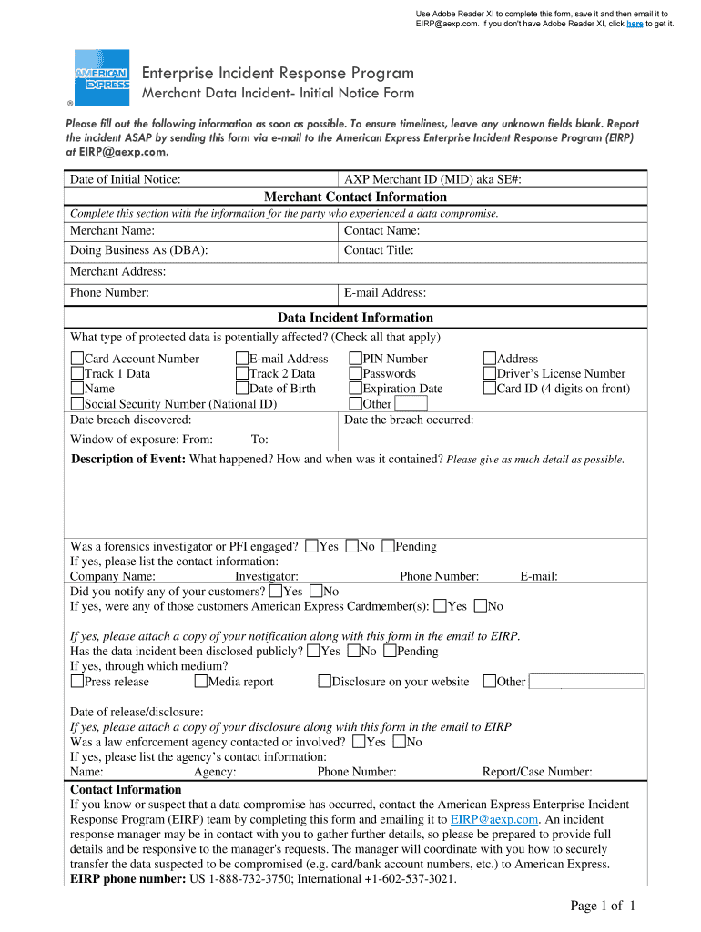 Fillable Online American Express Merchant Data Incident Initial Notice ...