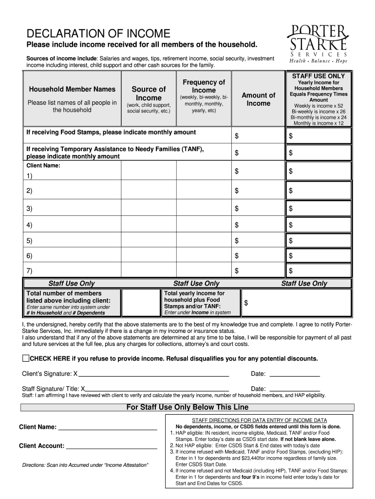 Fillable Online porterstarke DECLARATION OF INCOME - Porter-Starke ...