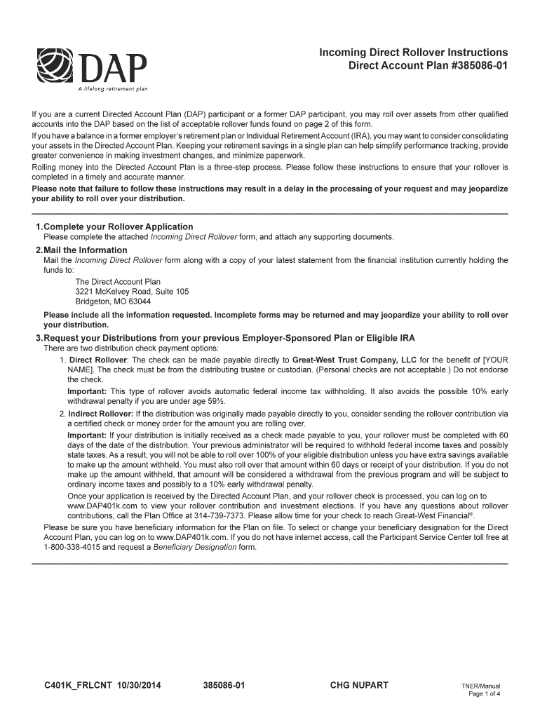 Fillable Online Incoming Direct Rollover 401k Plan Directed Account ...