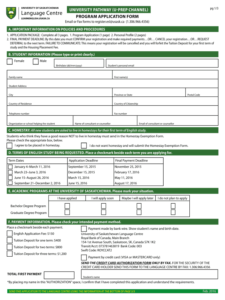 Fillable Online learnenglish usask PROGRAM APPLICATION FORM Email or Fax forms to register Fax ...