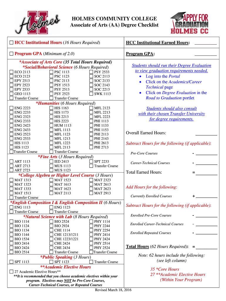 Fillable Online holmescc HOLMES COMMUNITY COLLEGE Associate of Arts (AA ...