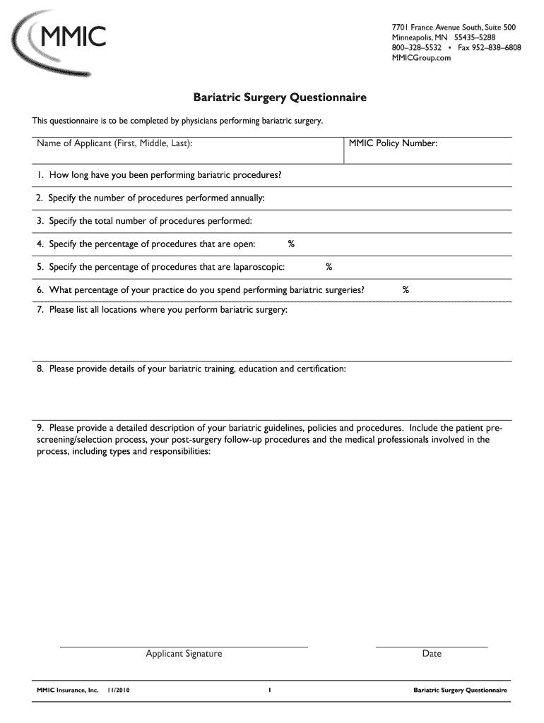 Fillable Online Bariatric Surgery Questionnaire - PS Fax Email Print ...