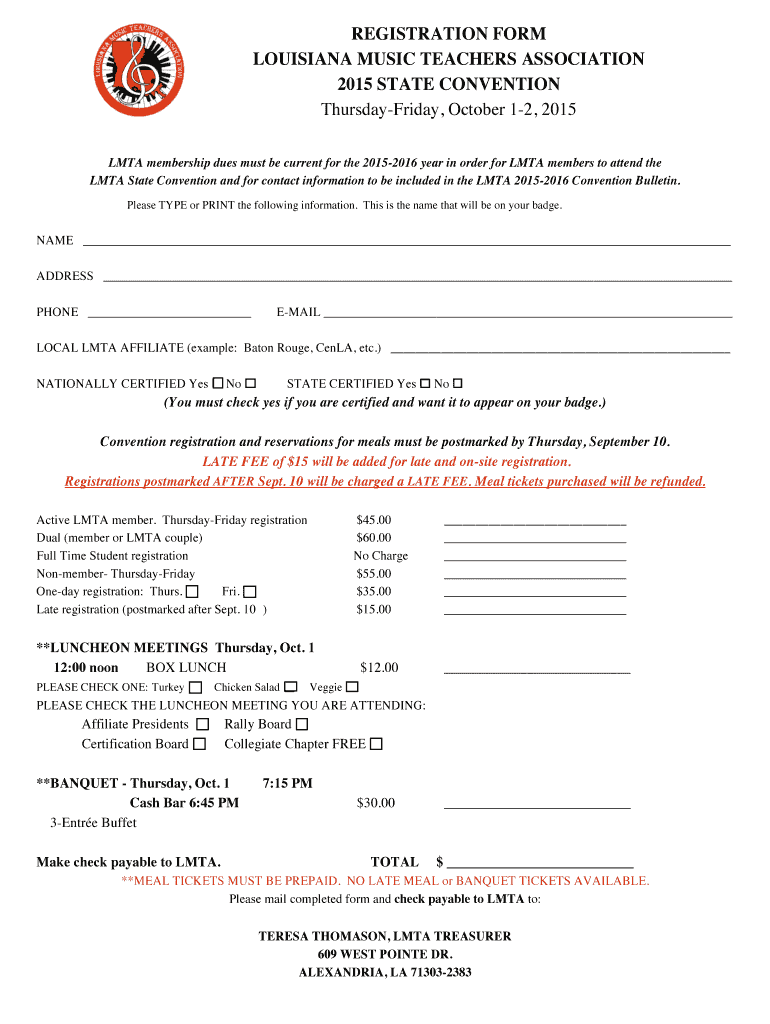 Fillable Online lmta LMTA 2015 Convention Registration Form Fax Email ...