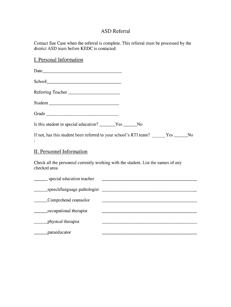 Fillable Online fleming kyschools ASD Referral I Personal Information ...