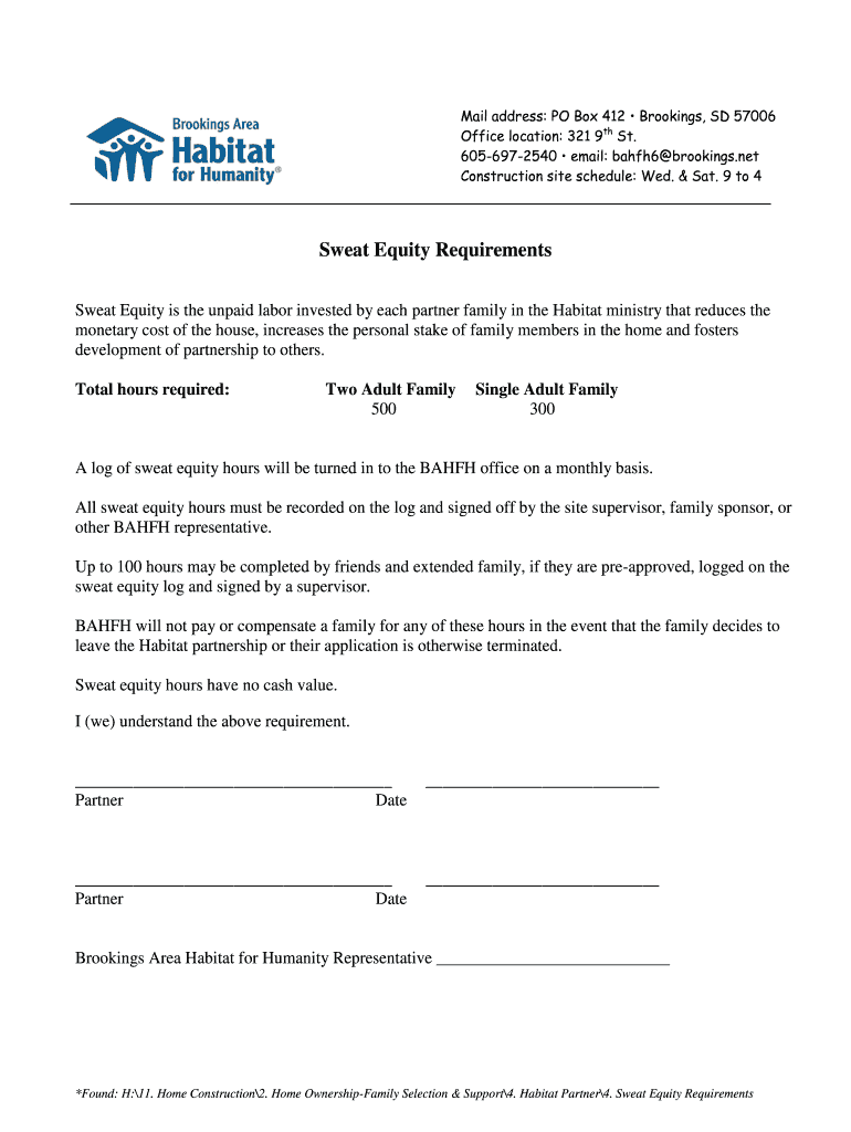 Fillable Online brookingshabitat Sweat Equity Requirements - brookingshabitatorg Fax Email Print ...