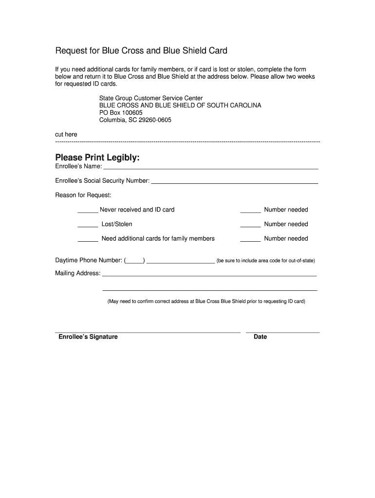 Fillable Online Request for Blue Cross and Blue Shield Card Fax Email ...
