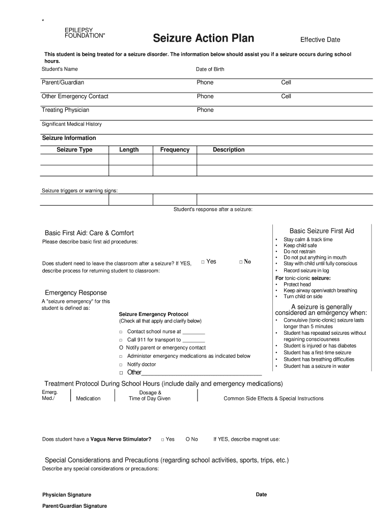 Fillable Online ursulinedallas Seizure Action Plan Effective Date ...