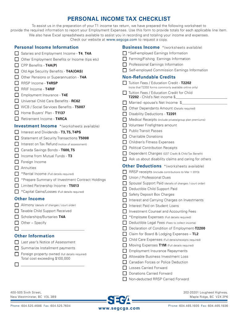 Fillable Online PERSONAL INCOME TAx ChECkLIST - Seymour Gardner ...