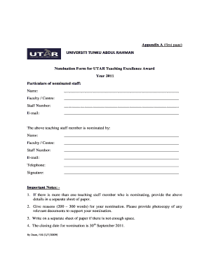 Fillable Online Attachment 3a - UTAR Teaching Excellence Award ...