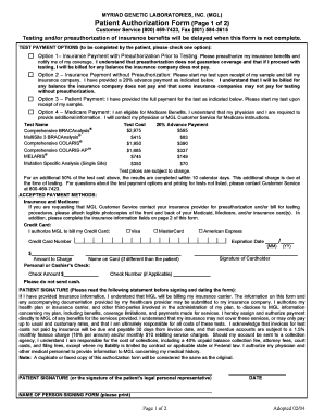 Fillable Online Myriad Genetic Laboratories Patient Authorization Form ...