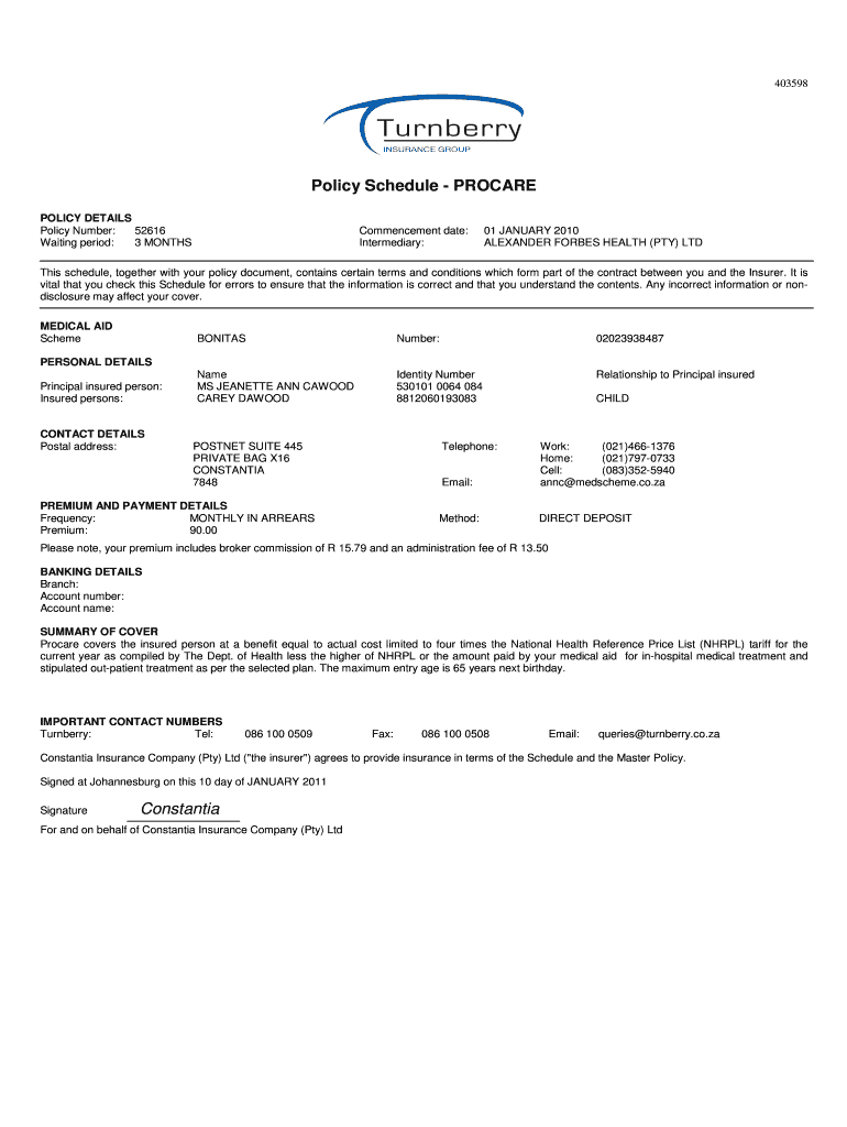 Fillable Online Policy Schedule - PROCARE Fax Email Print - pdfFiller