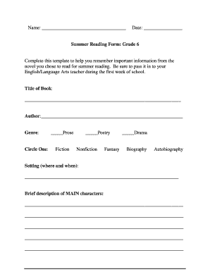 Fillable Online Summer Reading Form Grade 6 - uxbridgeschoolscom Fax ...