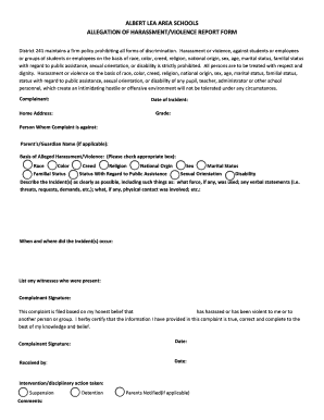 Fillable Online ALLEGATION OF HARASSMENTVIOLENCE REPORT FORM Fax Email ...