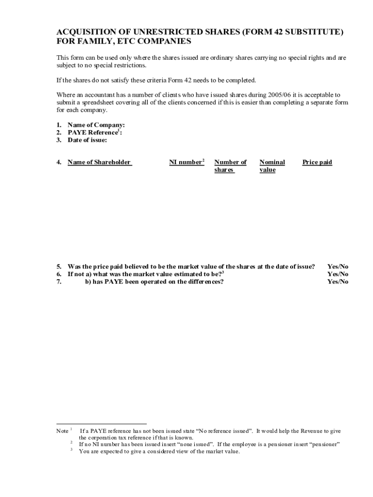 Fillable Online ACQUISITION OF UNRESTRICTED SHARES (FORM 42 SUBSTITUTE ...