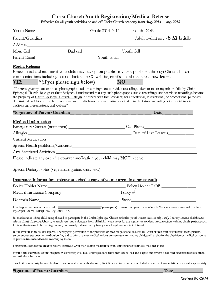 Fillable Online christchurchraleigh Christ Church Youth Registration ...