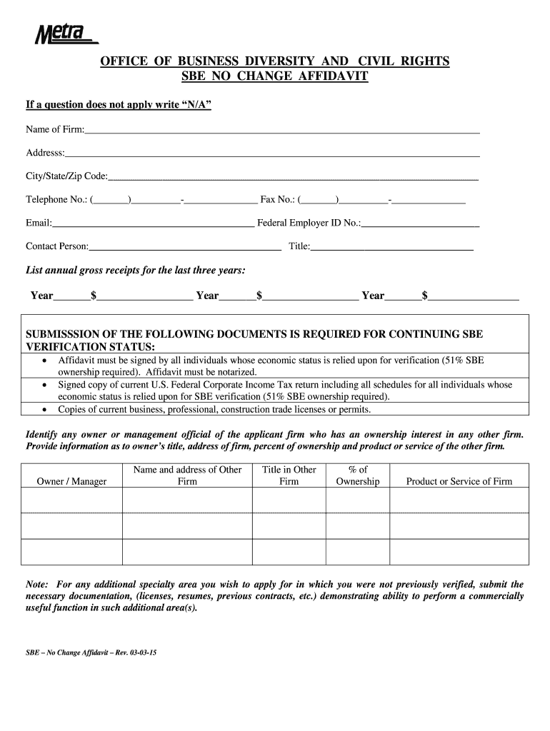 Fillable Online SBE No Change bAffidavitb Form - Metra Fax Email Print ...