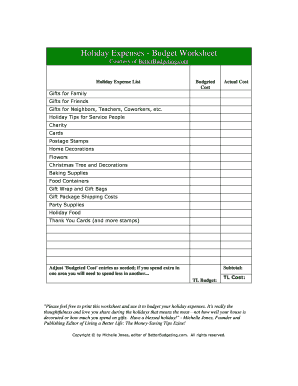 Fillable Online Holiday Expenses - Budget Worksheet Fax Email Print ...