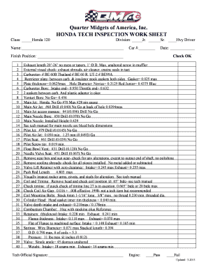 Fillable Online HONDA TECH INSPECTION WORK SHEET Class: Honda 120 ...