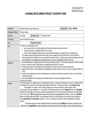 Fillable Online epapers bham ac LEARNING DEVELOPMENT PROJECT OVERVIEW ...