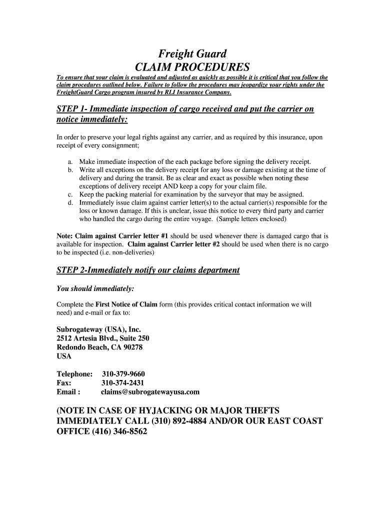 Fillable Online Claim procedures - FreightGuard Fax Email Print - pdfFiller