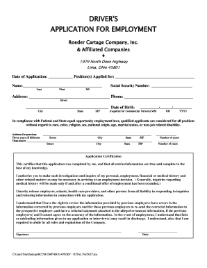 Fillable Online BDRIVER39Sb APPLICATION FOR EMPLOYMENT - Roeder Cartage ...