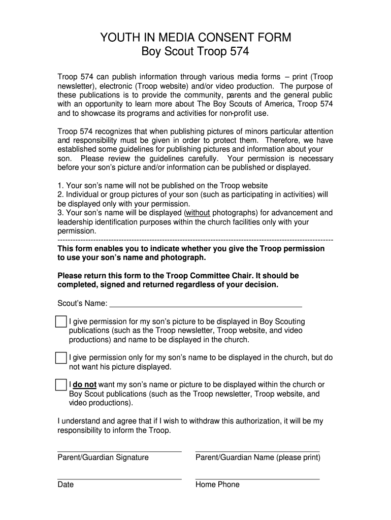 YOUTH IN MEDIA CONSENT bFORM Boy Scoutb Troop 574: Fill out & sign ...