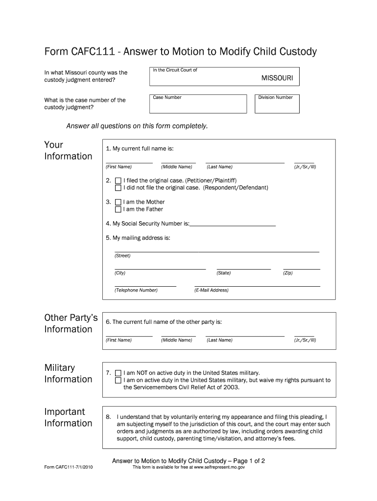Fillable Online courts mo Form CAFC111 - Answer to Motion to Modify ...