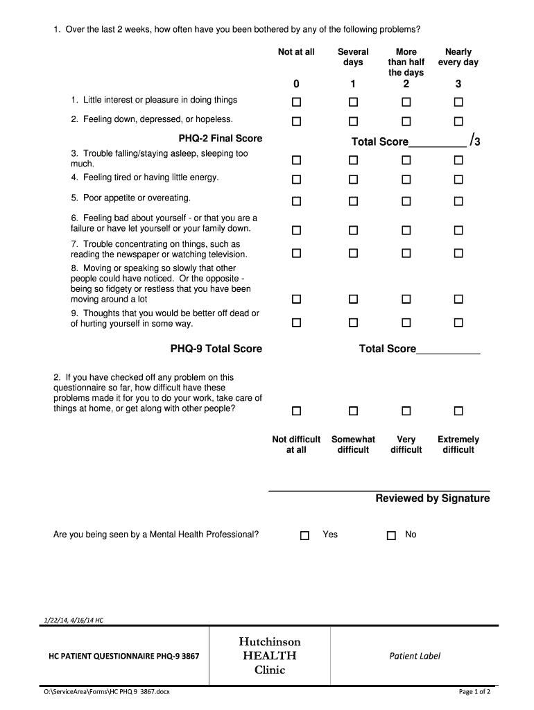 Fillable Online Depression Assessment - Hutchinson Health Fax Email ...