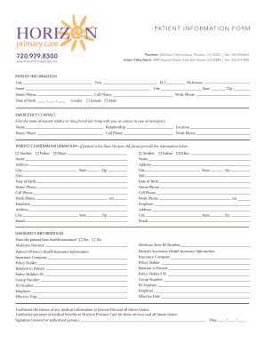 Fillable Online Patient information form - horizonprimarycarecom Fax ...
