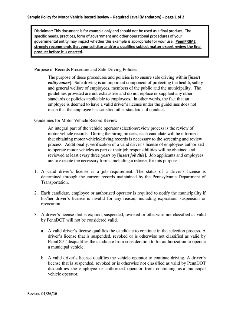 Fillable Online Sample Policy for Motor Vehicle Record Review Required ...