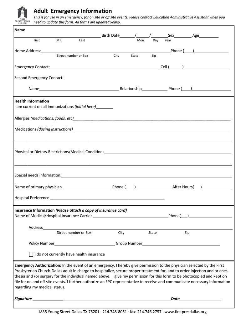 Fillable Online fpcdallas Adult Emergency Information Fax Email Print ...