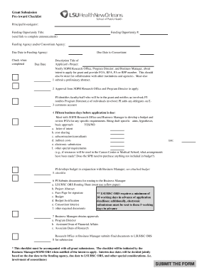 Fillable Online sph lsuhsc Grant Submission Pre-Award Checklist Fax ...
