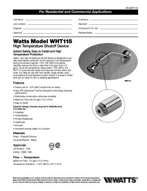 Fillable Online WattsModel WHT115 - Watts Water Technologies Fax Email ...