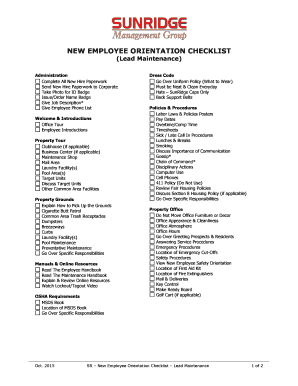 Fillable Online New Employee Orientation Checklist Lead Maintenance New Employee Orientation ...
