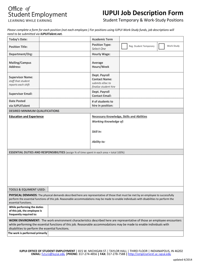 Fillable Online employment uc iupui Job description form - Indiana ...
