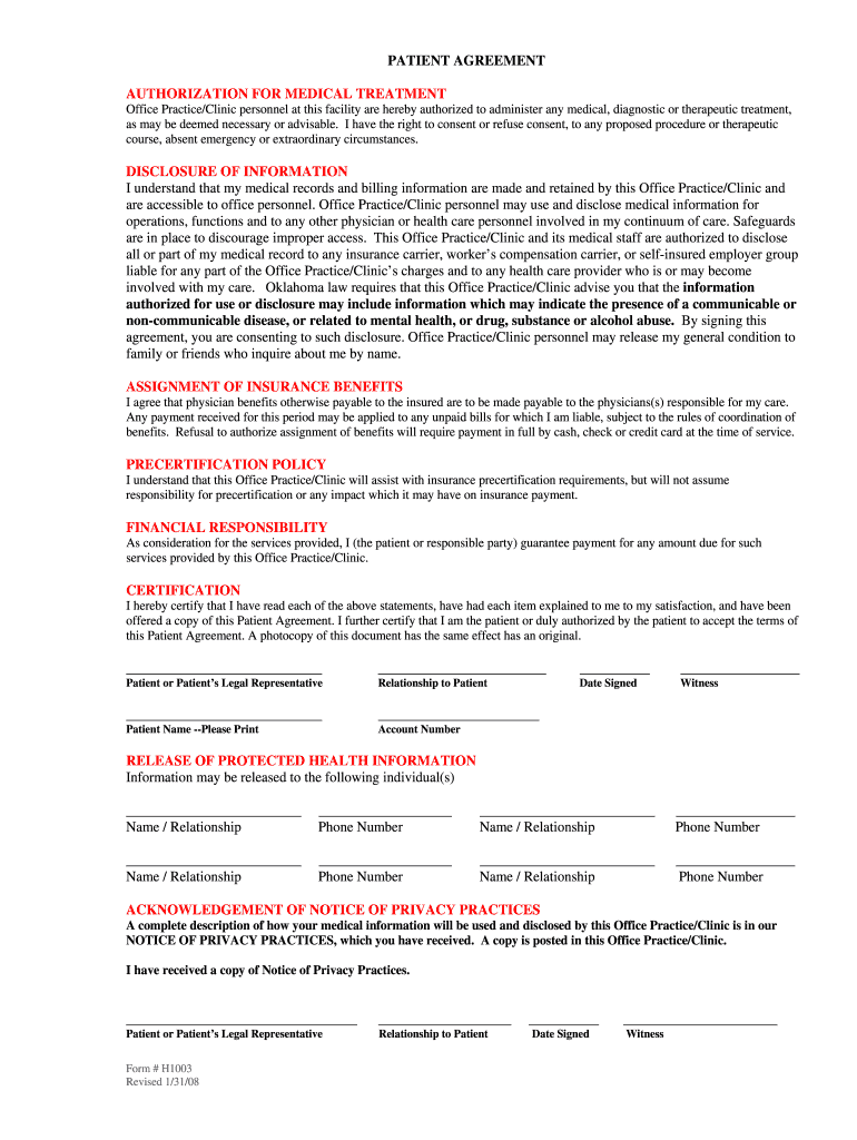 Fillable Online PATIENT AGREEMENT AUTHORIZATION FOR MEDICAL TREATMENT ...