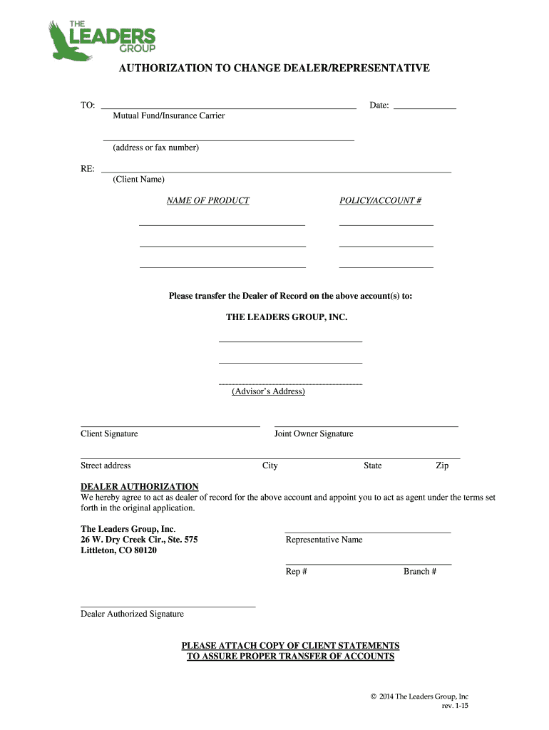 Fillable Online leadersgroup Authorization to Change BD rev 1-15doc Fax ...