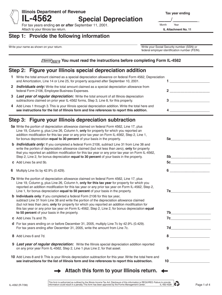 Fillable Online 2006 IL-4562 Special Depreciation Income Tax - Misc Fax ...