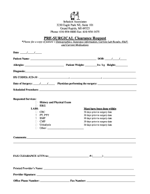 Fillable Online PRE-SURGICAL Clearance Request - Infusion Fax Email ...