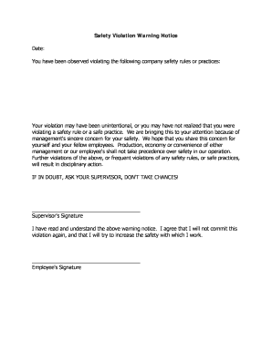 Fillable Online Safety Violation Warning Notice Date: You have been ...