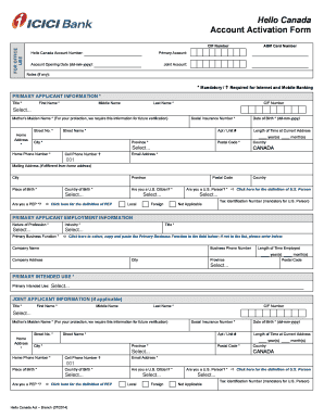 Fillable Online Hello Canada Account Activation Form - ICICI Bank Fax ...