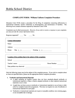 Fillable Online COMPLAINT FORM Williams Uniform Complaint Procedure Fax Email Print - pdfFiller