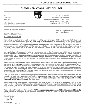 Fillable Online claverham e-sussex sch Work experience forms ...