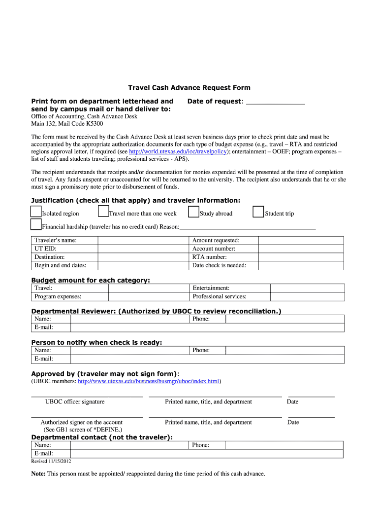 Fillable Online he utexas Travel Cash Advance Request Form - University of Texas at Fax Email ...