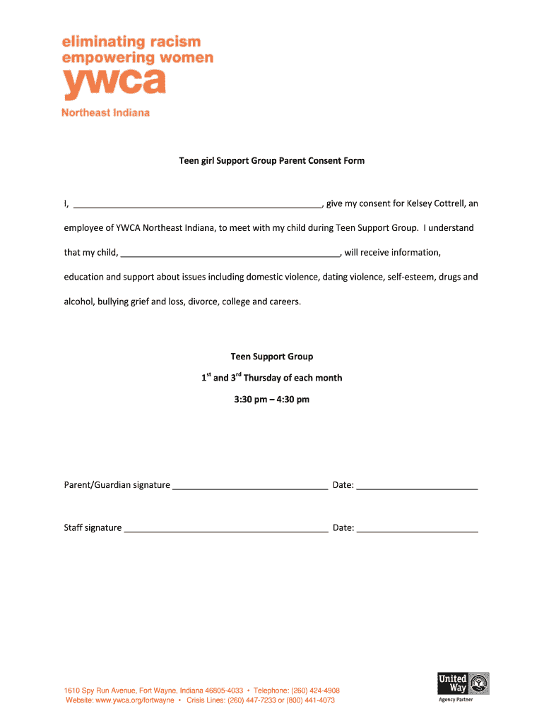 Fillable Online ywca Teen girl Support Group Parent bConsent Formb I give my consent bb Fax ...
