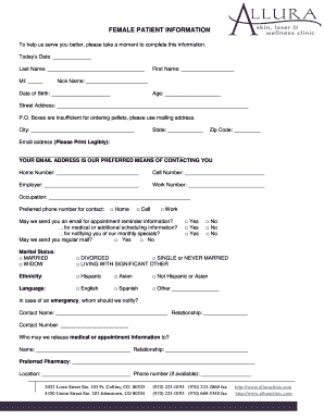 Fillable Online FEMALE PATIENT INFORMATION Fax Email Print - pdfFiller